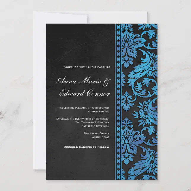 Blue Vintage Damask Lace Wedding Invitation | Zazzle