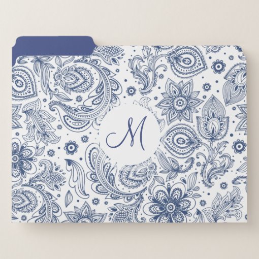 Blue Vintage Floral Pattern Monogram File Folders | Zazzle