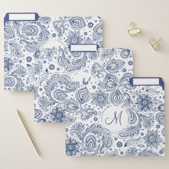 Blue Vintage Floral Pattern Monogram File Folders | Zazzle.com