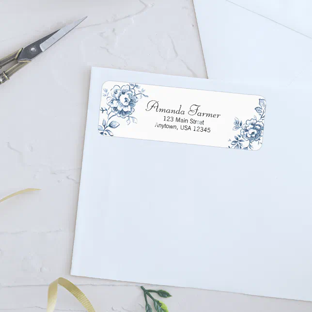 Blue Vintage Line Drawn Roses Label | Zazzle