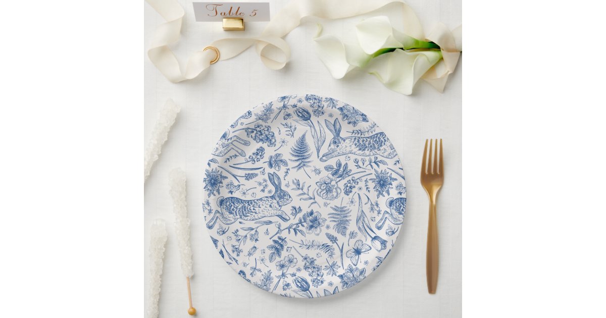 Blue vintage rabbits and spring flowers pattern paper plates | Zazzle