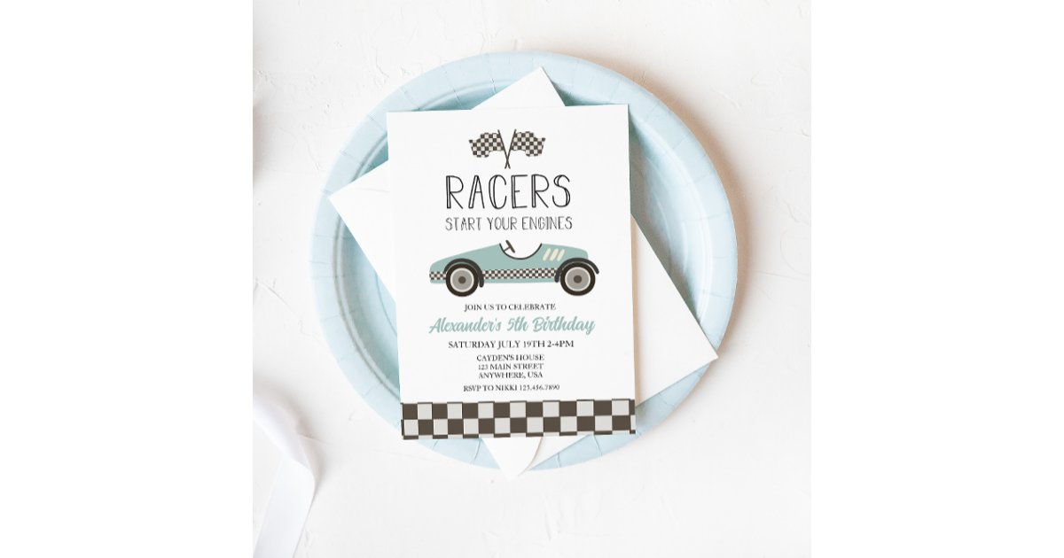 blue Vintage Race Car Birthday Invitation | Zazzle