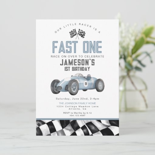 Blue Vintage Race Car Birthday Party for Boy Invitation | Zazzle