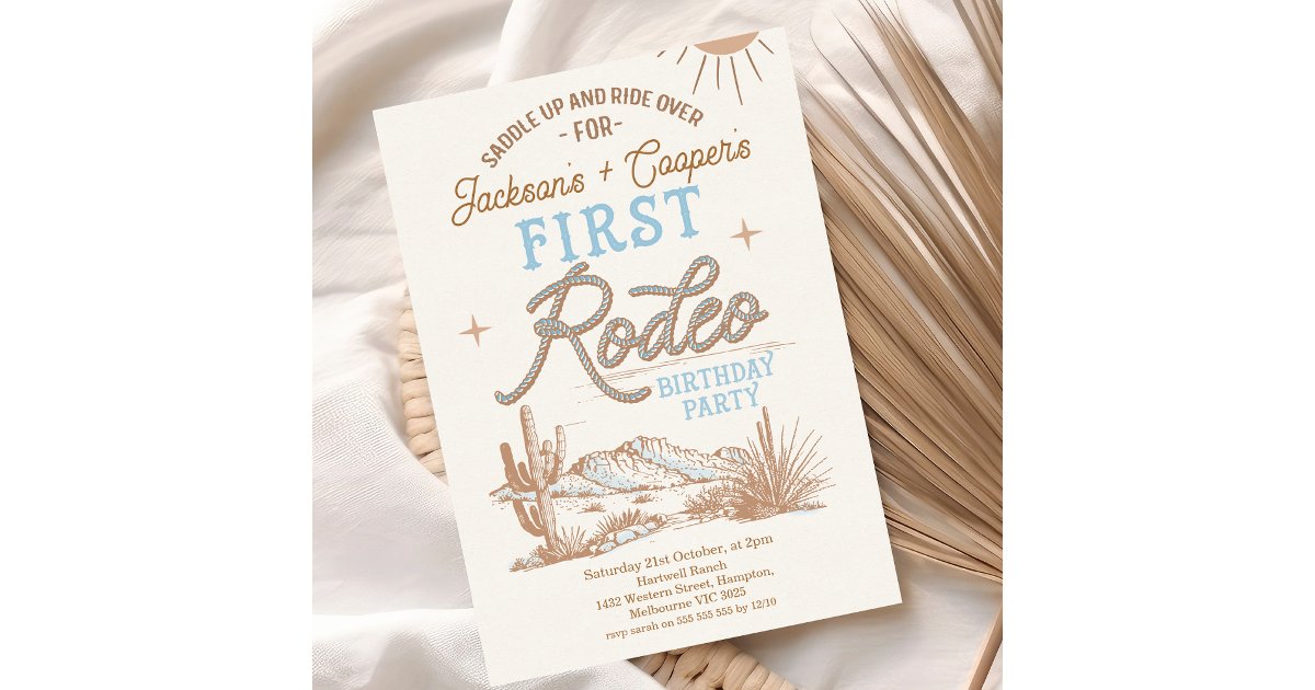 Blue Vintage Twin Boys First Rodeo 1st Birthday Invitation | Zazzle