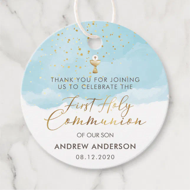 Blue Watercolor 1st Holy Communion Thank You Favor Tags | Zazzle
