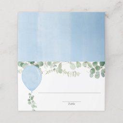 Blue watercolor balloon eucalyptus greenery label place card | Zazzle