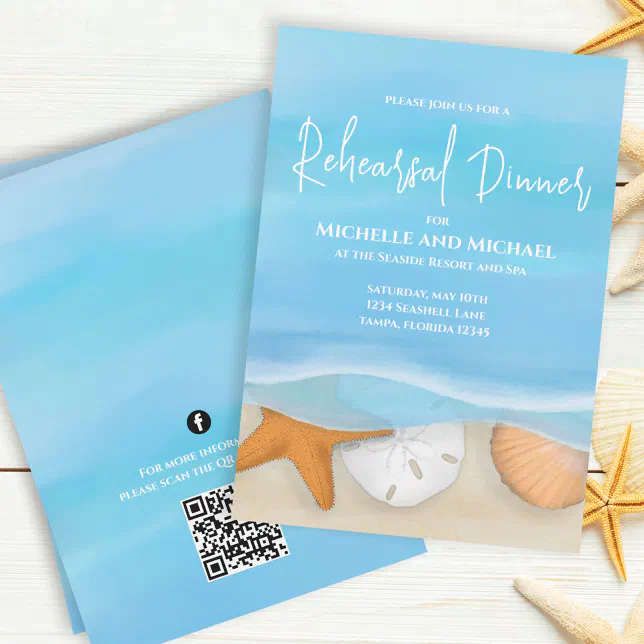 Blue Watercolor Beach Rehearsal Dinner QR Code Invitation | Zazzle