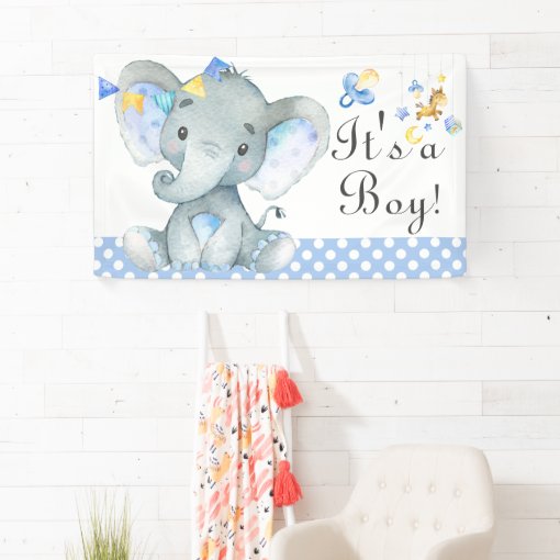 Blue Watercolor Boy Elephant Baby Shower Banner | Zazzle