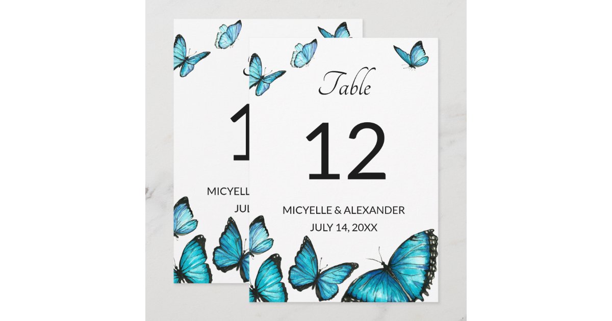 Blue watercolor butterflies Wedding Table Number | Zazzle