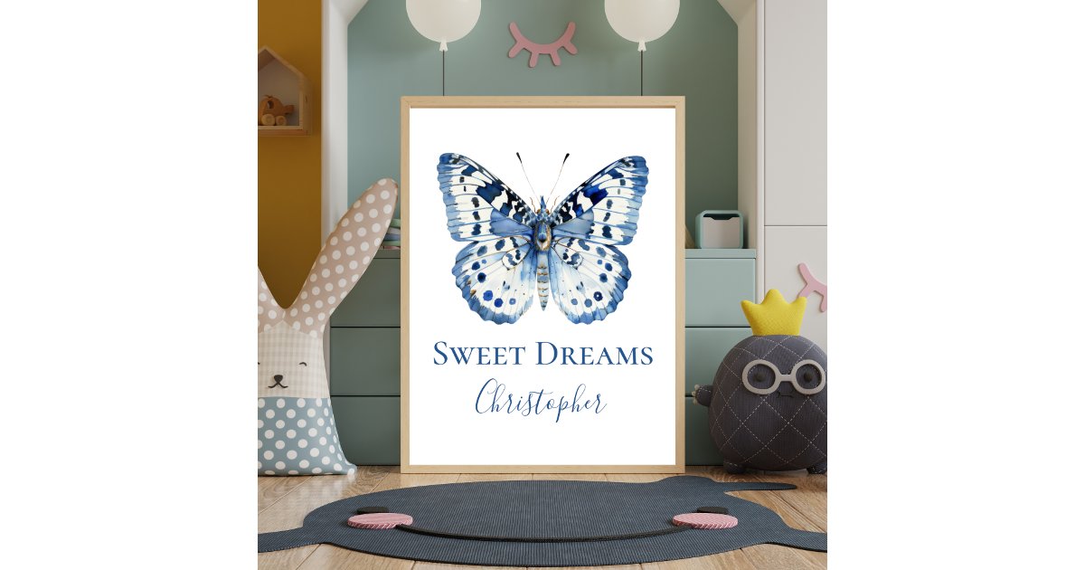 Blue Watercolor Butterfly Nursery Wall Art Poster | Zazzle