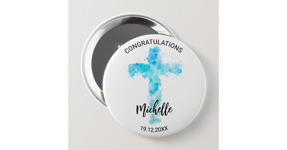 Blue Watercolor Christian Cross Baptism Button | Zazzle