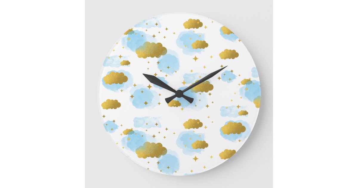 Blue Watercolor Clouds Gold Stars Sky Large Clock | Zazzle