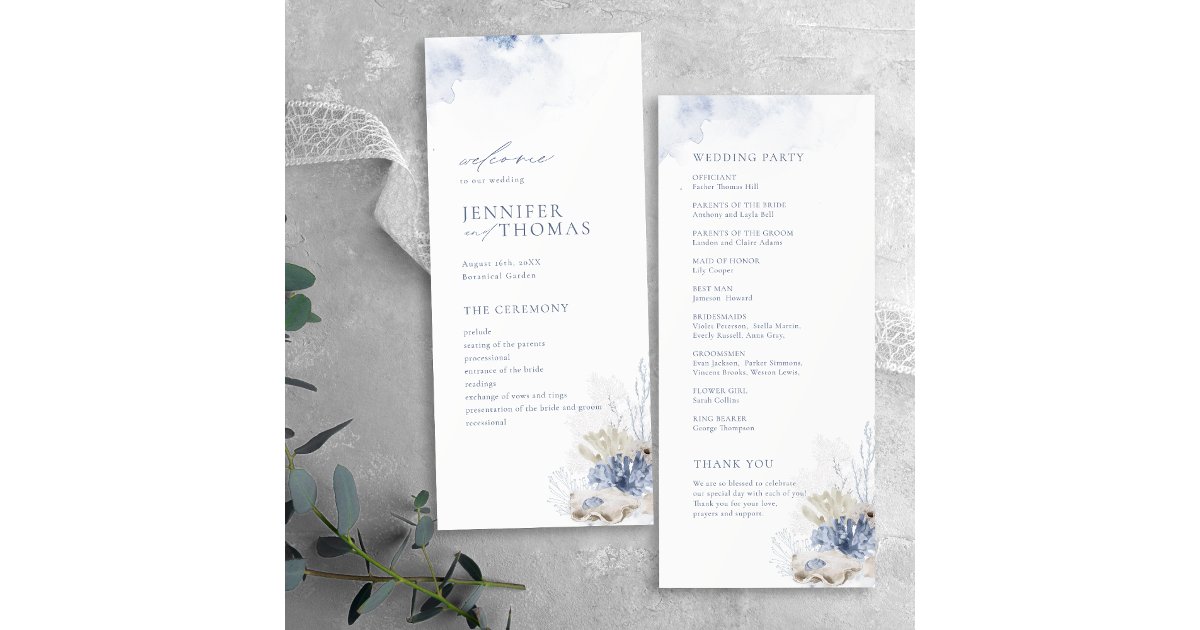 Blue watercolor coral & seashells beach Wedding Program | Zazzle
