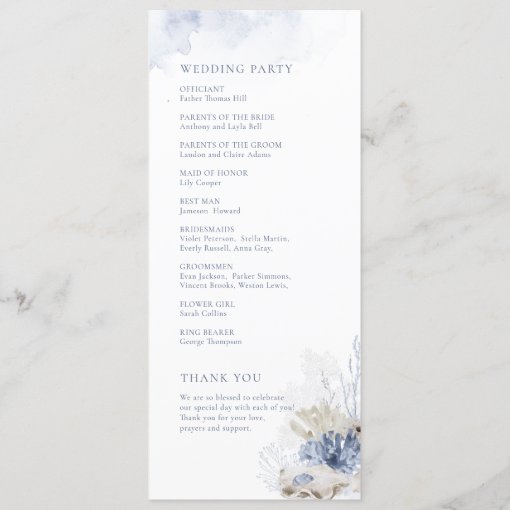 Blue watercolor coral & seashells beach Wedding Program | Zazzle