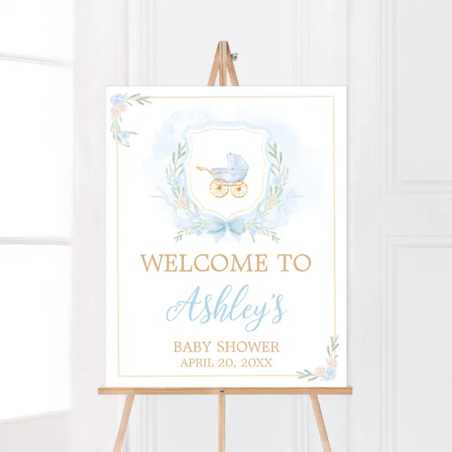 Blue Watercolor Crest Baby Shower Welcome Poster | Zazzle