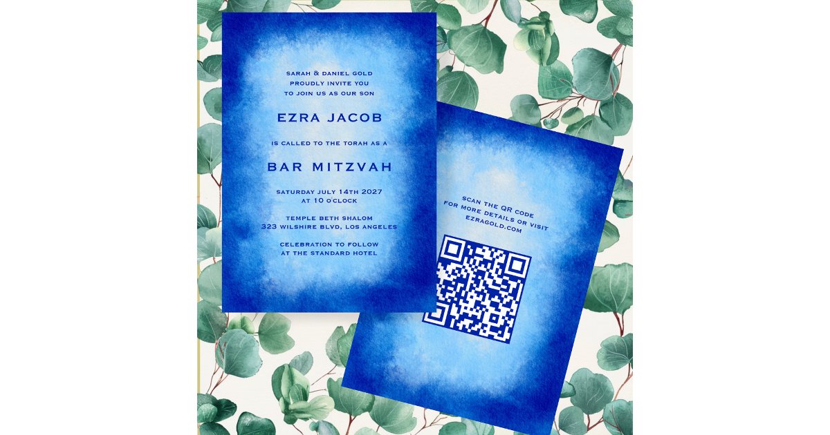 Blue Watercolor Custom QR Code Bar Bat Mitzvah Invitation | Zazzle