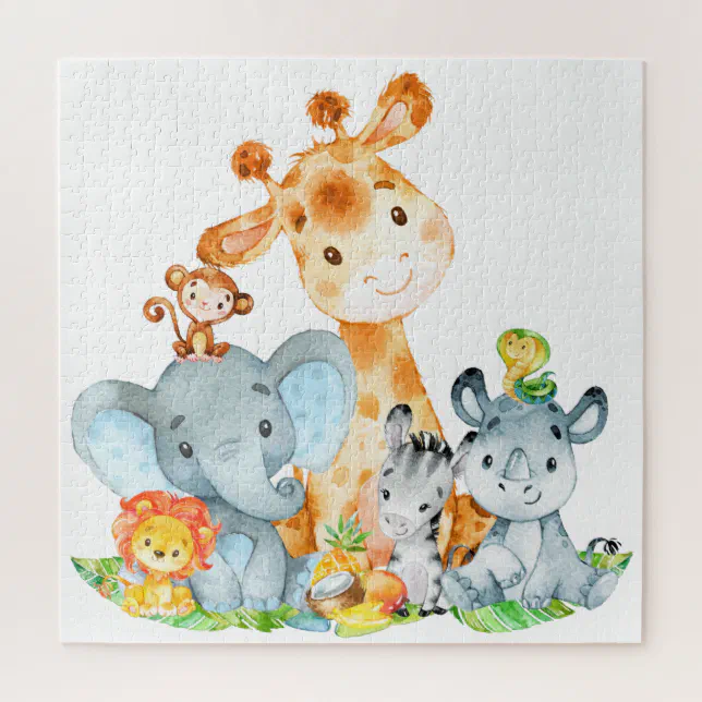 Blue Watercolor Cute Safari Jungle Animals Jigsaw Puzzle | Zazzle