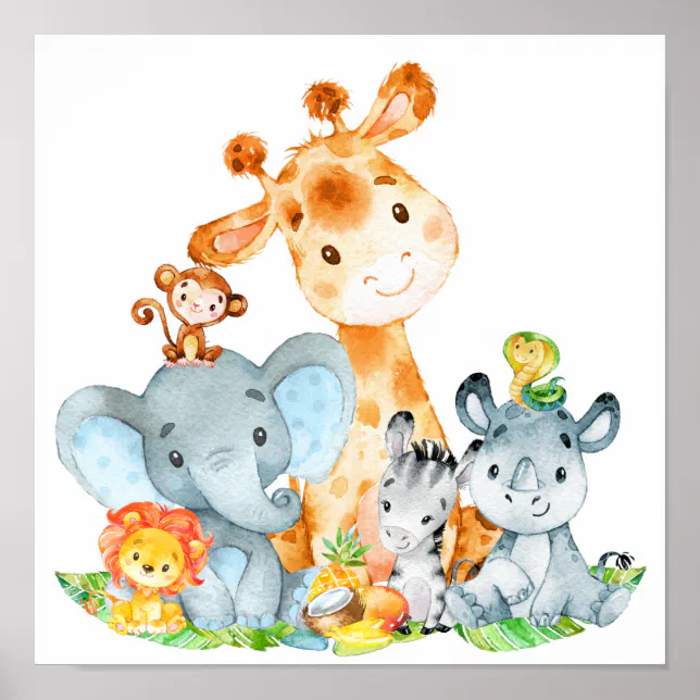 Blue Watercolor Cute Safari Jungle Animals Poster | Zazzle