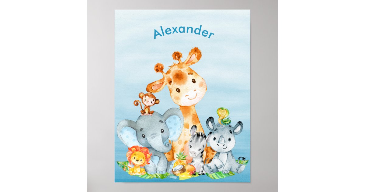 Blue Watercolor Cute Safari Jungle Animals Poster | Zazzle