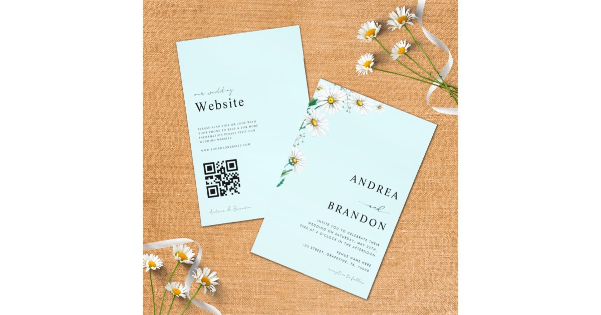 Blue Watercolor Daisy Wildflower QR Code Wedding Invitation | Zazzle
