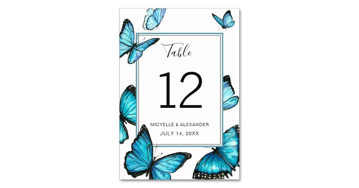 Blue watercolor elegant butterflies Wedding Table Number | Zazzle