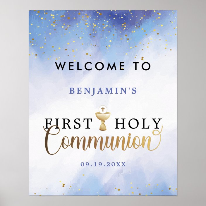 Blue Watercolor First Holy Communion Welcome Poster | Zazzle.com