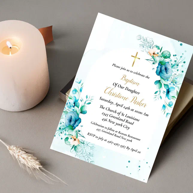 Blue watercolor flora splash Baptism Invitation | Zazzle