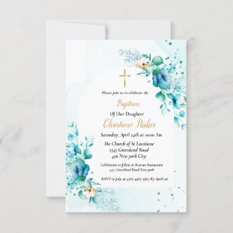 Blue watercolor flora splash Baptism Invitation | Zazzle