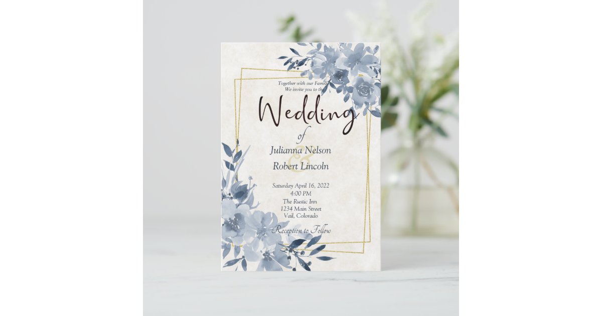 Blue watercolor floral and gold frame wedding invi invitation | Zazzle