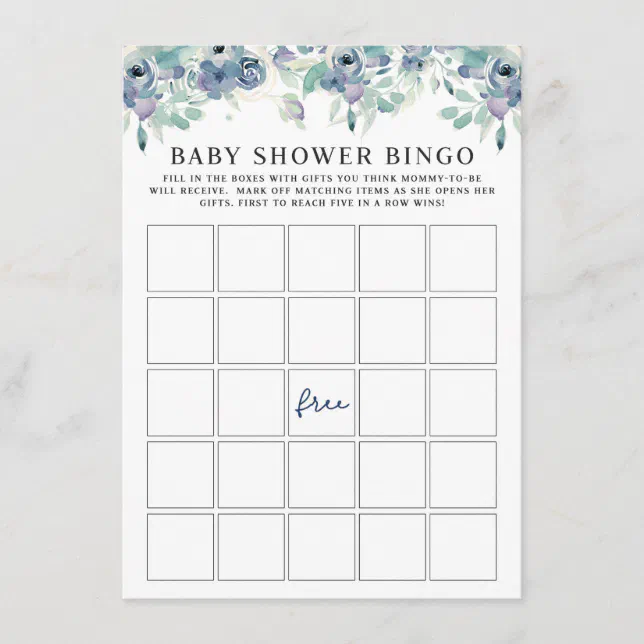 Blue Watercolor Floral Baby Shower Bingo Game Card | Zazzle