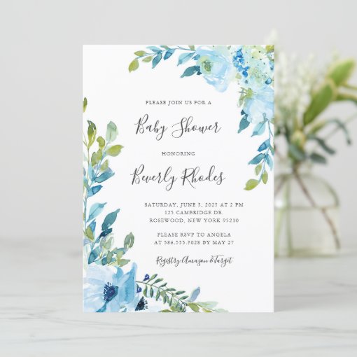 Blue Watercolor Floral Baby Shower Invitation | Zazzle