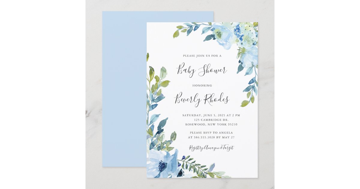 Blue Watercolor Floral Baby Shower Invitation | Zazzle