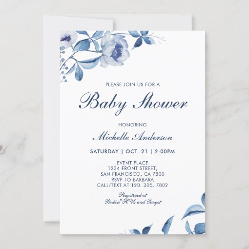 Blue Watercolor Floral Baby Shower Invitation | Zazzle
