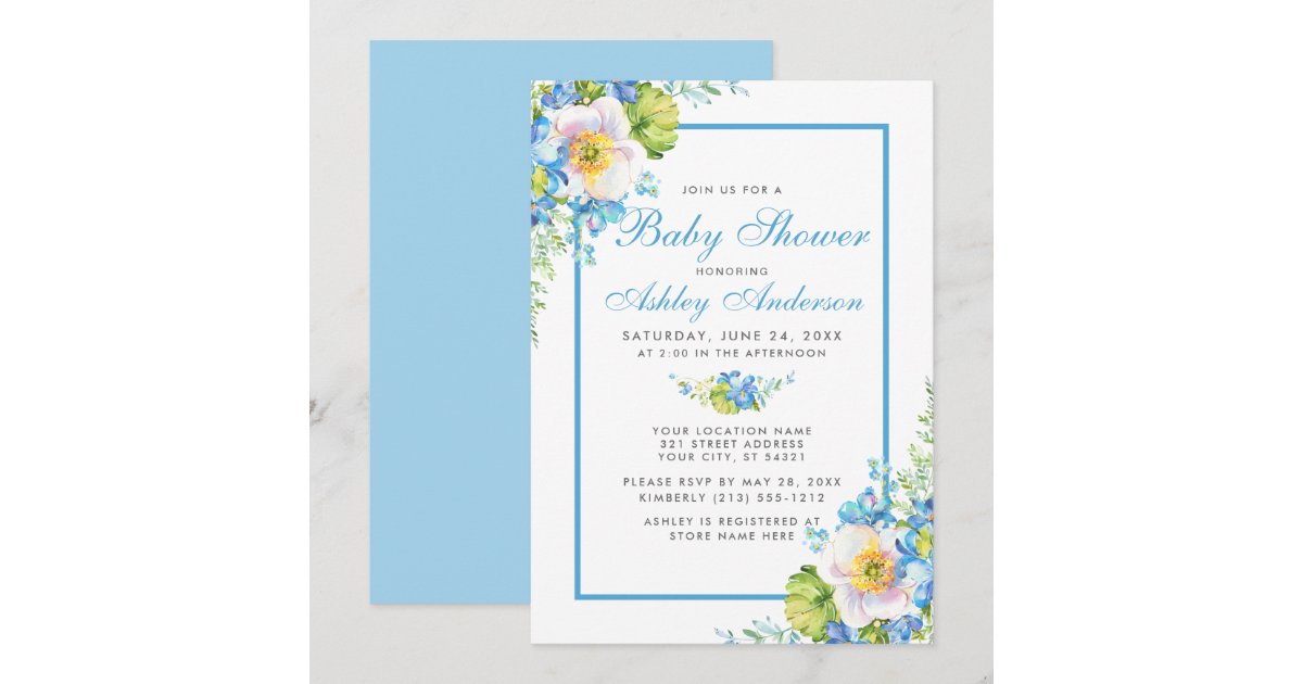 Blue Watercolor Floral Baby Shower Invitation B | Zazzle