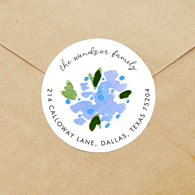 Blue Watercolor Floral Bouquet Return Address Classic Round Sticker ...