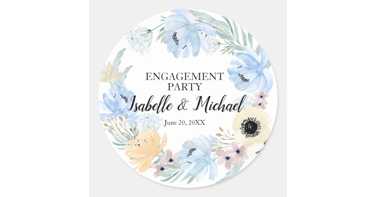 Blue Watercolor Floral Engagement Party, Editable Classic Round Sticker ...