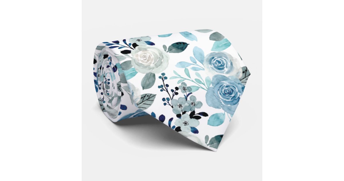 Blue Watercolor Floral Pattern on White, Wedding Neck Tie | Zazzle