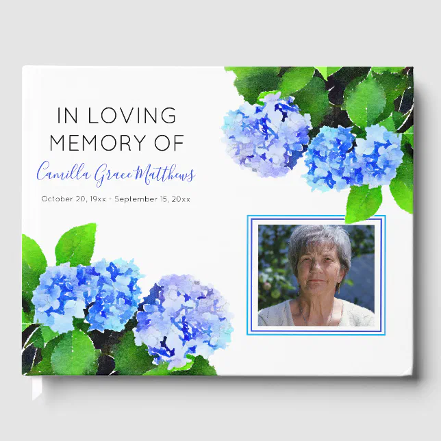 Blue Watercolor Floral Photo Bereavement | Funeral Guest Book | Zazzle