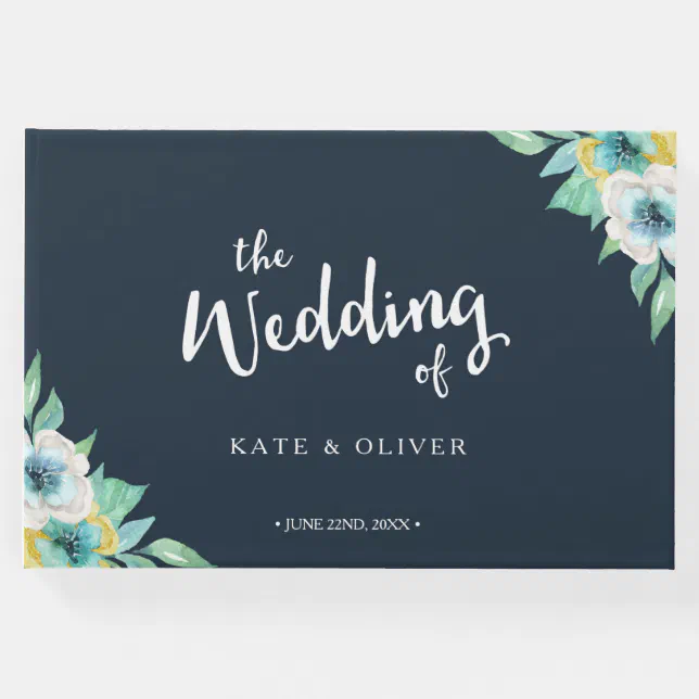 Blue Watercolor Floral Wedding Guest Book | Zazzle