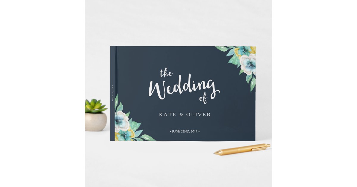 Blue Watercolor Floral Wedding Guest Book | Zazzle