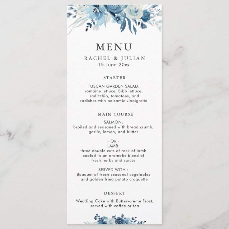 Blue watercolor floral wedding menu | Zazzle