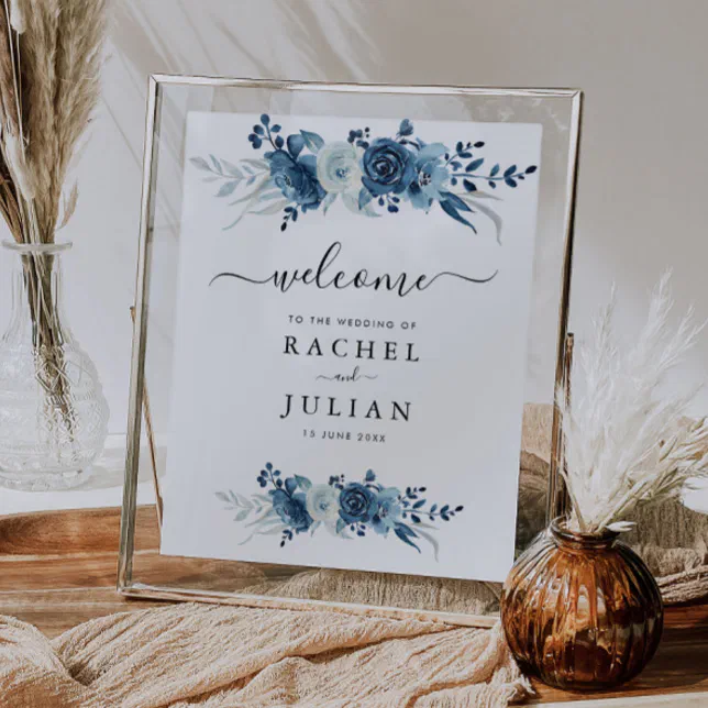 Blue watercolor floral wedding sign | Zazzle
