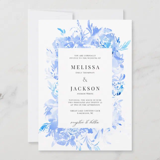 Blue Watercolor Flower Wedding Invitation | Zazzle