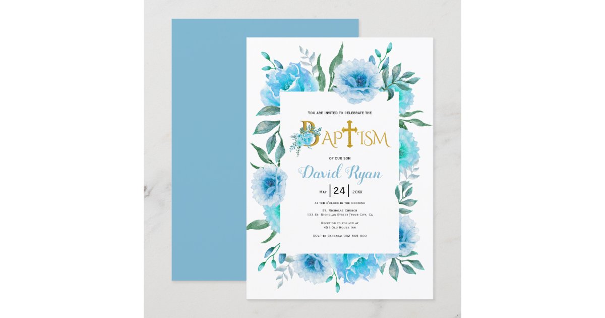 Blue watercolor flowers boy floral baptism invitation | Zazzle