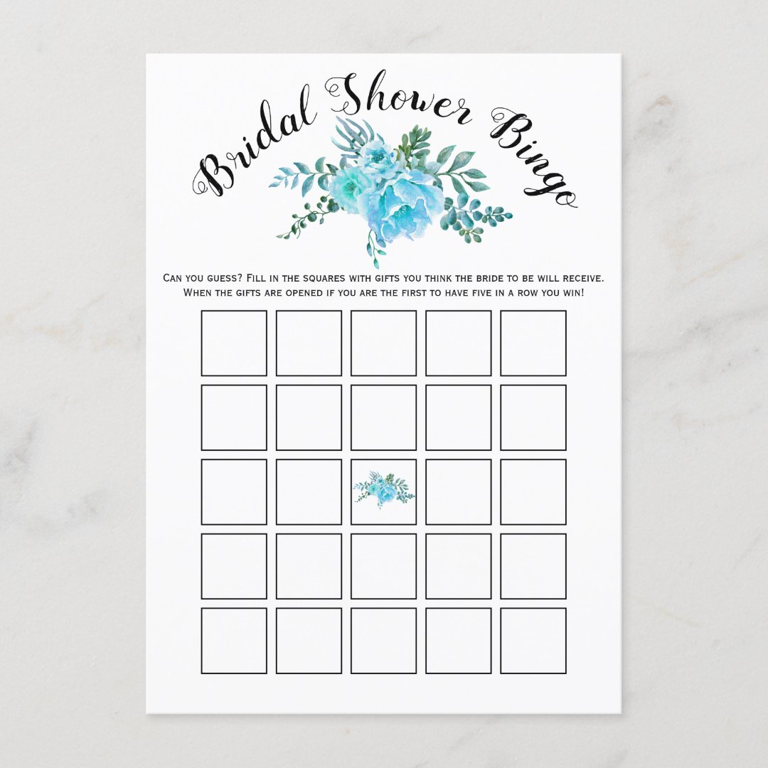 Blue watercolor flowers bridal bingo game card | Zazzle