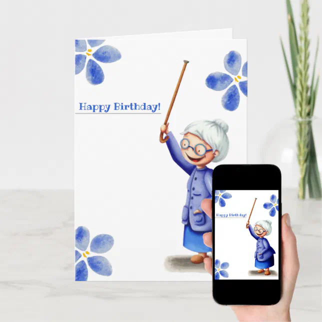 Blue watercolor flowers grandma with cane birthday card | Zazzle