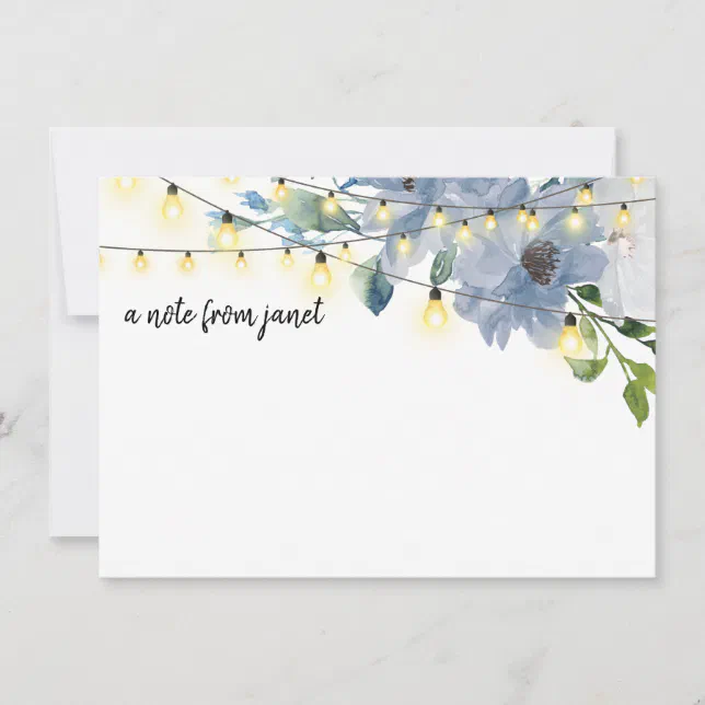 Blue Watercolor Flowers & String Lights Note Card | Zazzle