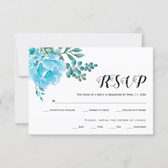 Blue watercolor flowers wedding RSVP card | Zazzle