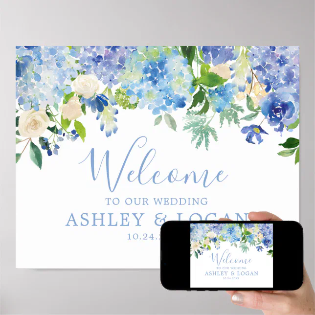 Blue Watercolor Flowers Wedding Welcome Poster | Zazzle