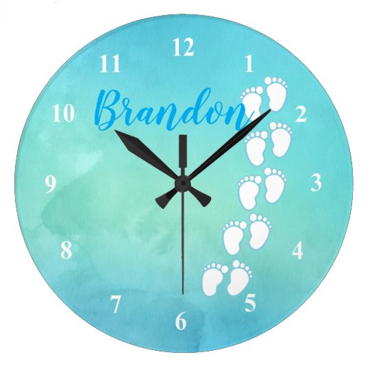 Blue Watercolor Footprint Little Baby Feet Name Large Clock | Zazzle.com
